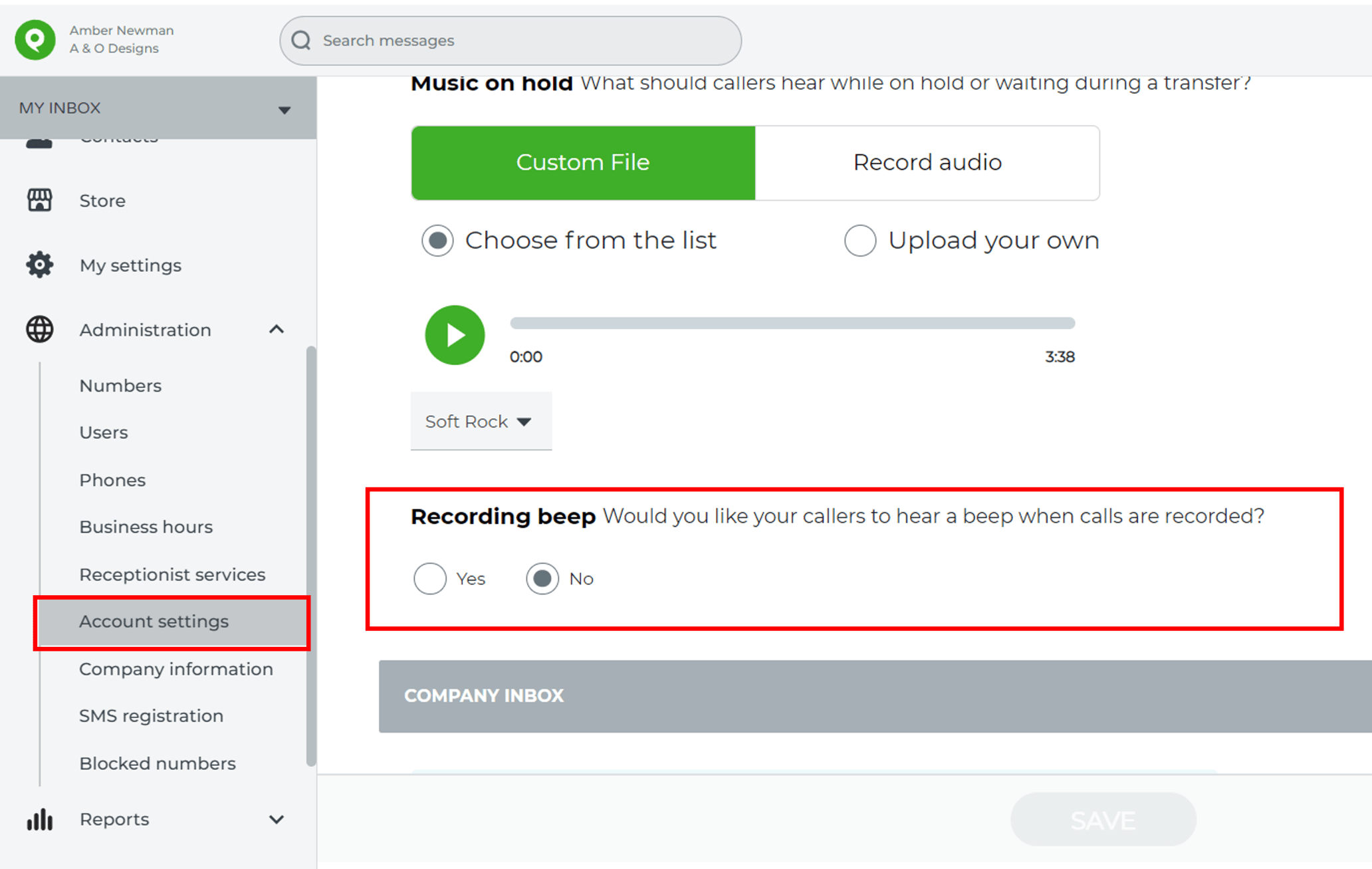 How do I turn off the call recording beep?